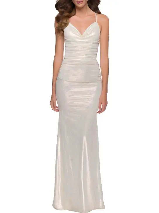 LABOMME Fitted Metallic Jersey Gown With Open Back - White/gold