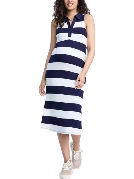 Motherhood Maternity Collared Sleeveless Polo Midi Dress - Navy & White Stripe