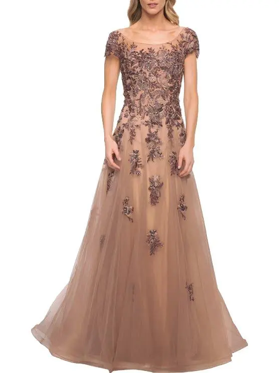 La Femme Beaded Tulle A-line Gown - Cocoa