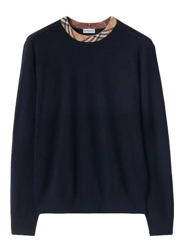 Burberry Check Trim Wool Sweater - Navy