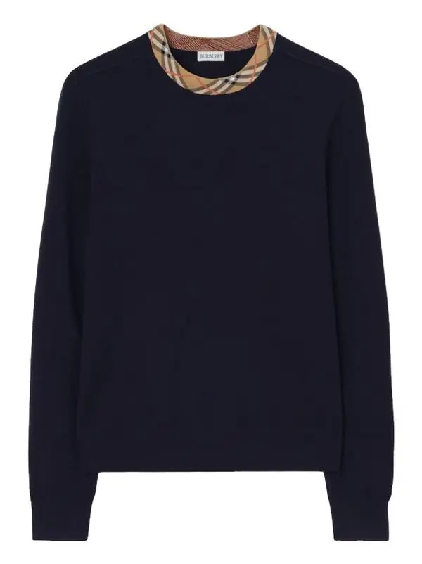 Burberry Check Trim Wool Sweater - Navy