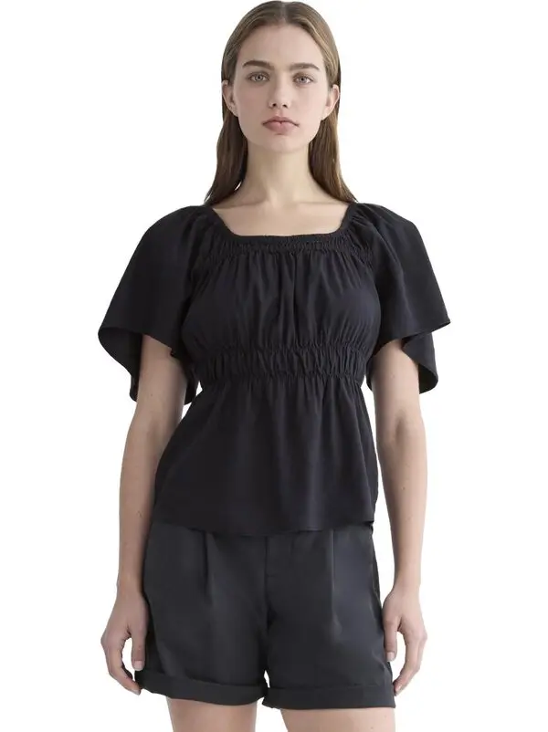 Everlane Flutter-sleeve Stretch Linen Top - Black