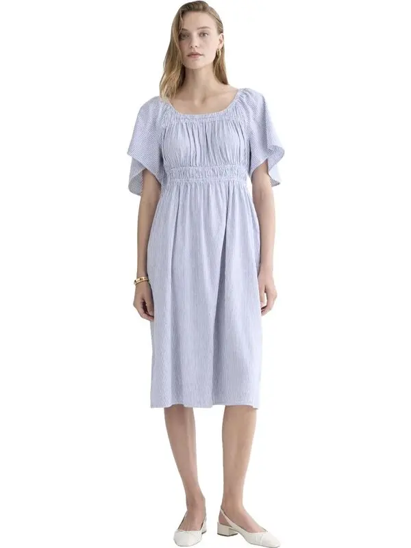 Everlane Flutter-sleeve Stretch Linen Midi Dress - White / Dutch Blue