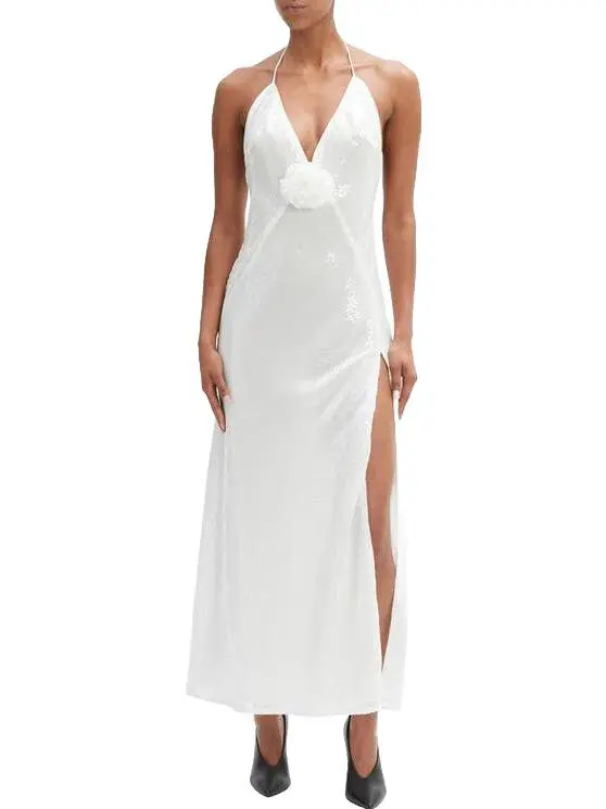 Bardot Aradia Rosette Sequin Plunge Halter Gown - Orchid White