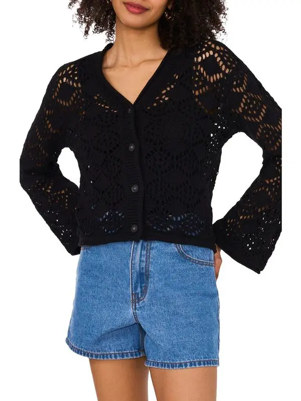 Vince Camuto Open Stitch Cotton Cardigan - Rich Black