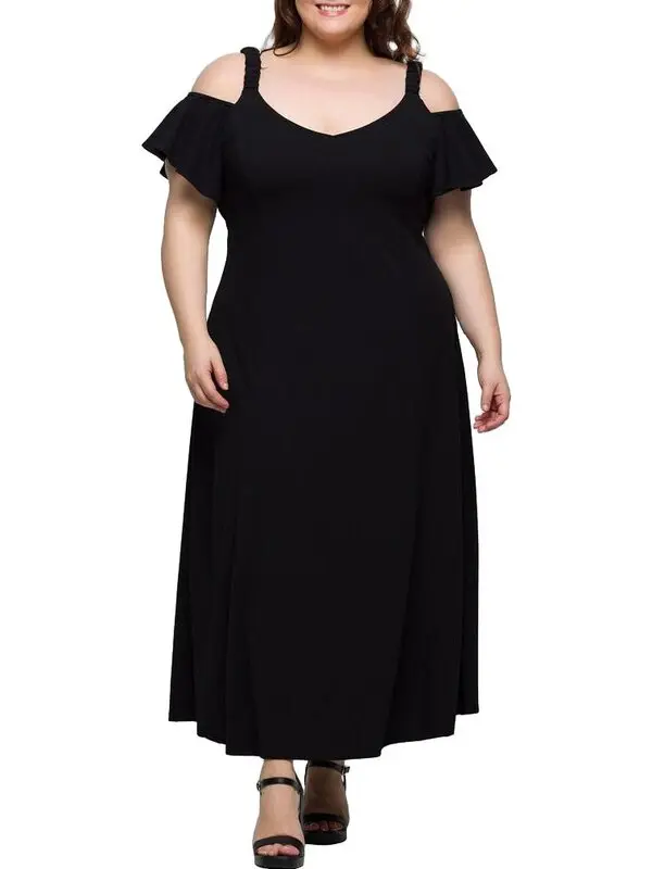 24SEVEN COMFORT APPAREL Cold Shoulder Jersey Maxi Dress - Black