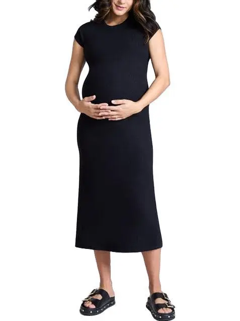 Motherhood Maternity Rib Knit Short Sleeve Raglan Midi Dress - Black