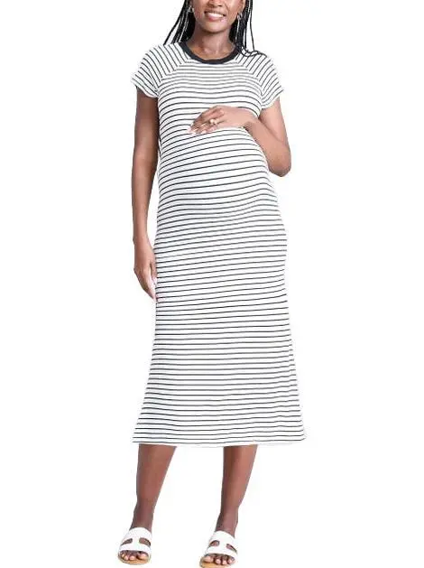 Motherhood Maternity Rib Knit Short Sleeve Raglan Midi Dress - White & Black Stripe