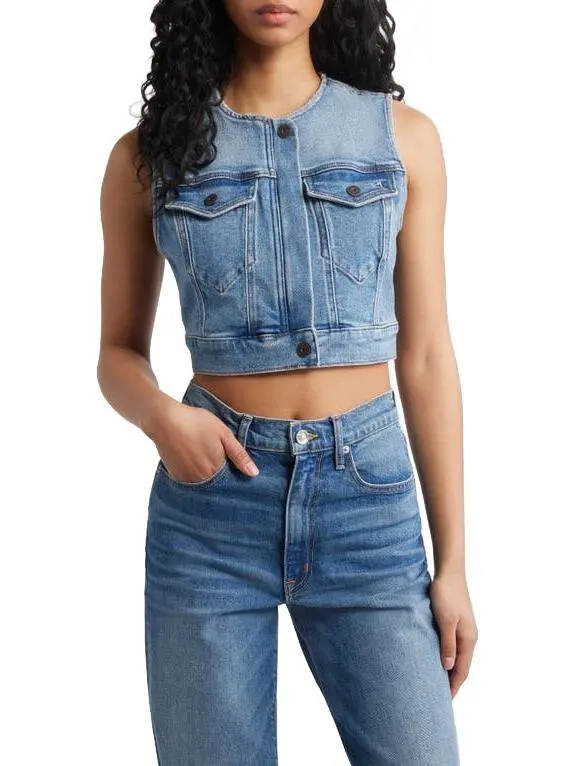 HIDDEN JEANS Crop Denim Trucker Vest - Med Wash