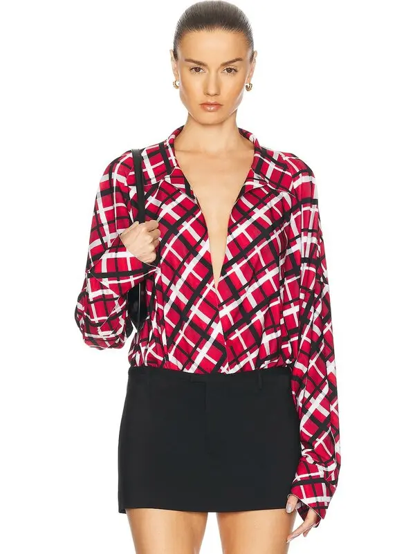 Norma Kamali Super Oversized Boyfriend Shirt Bodysuit - Red Bias Plaid