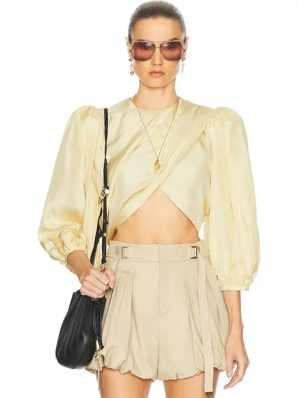 Chloé Cropped Puff Sleeves Draped Top - Powder Yellow