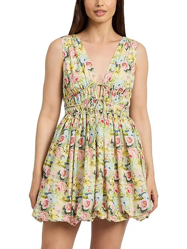 EN SAISON Cairo Floral Poplin Bubble Hem Mini Dress - Pink Yellow Multi