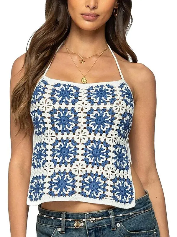 EDIKTED Naia Backless Crochet Top - Blue-and-white