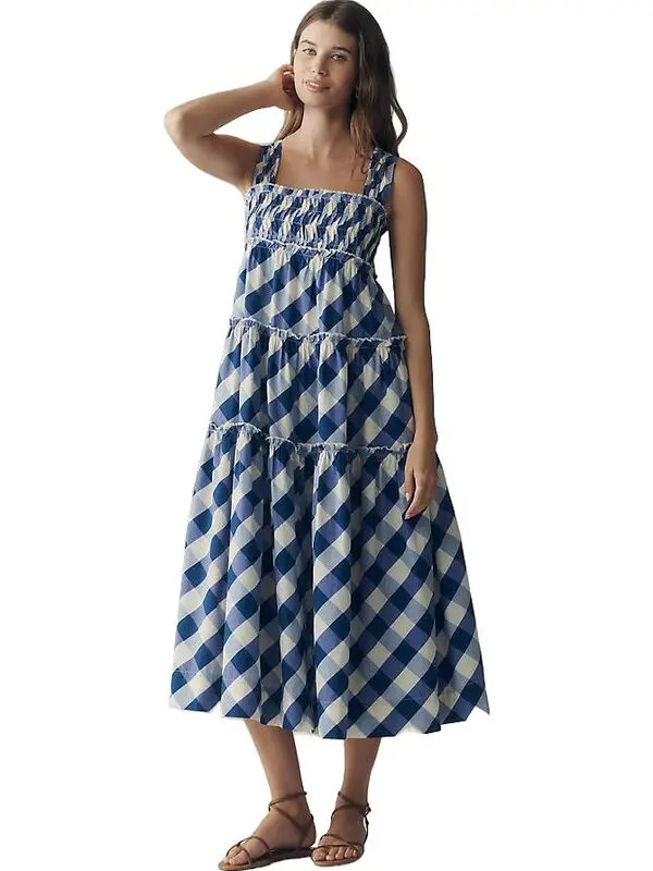 Maeve The Helena Square-neck Smocked Tiered Midi Dress - Blue Plaid