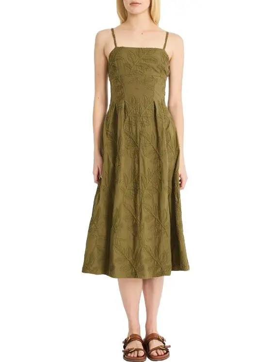 LUXELY Embroidered Cotton A-line Midi Dress - Capulet Olive