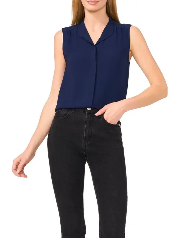 CECE DUPRAZ Sleeveless Mandarin Collar Button-up Shirt - Classic Navy