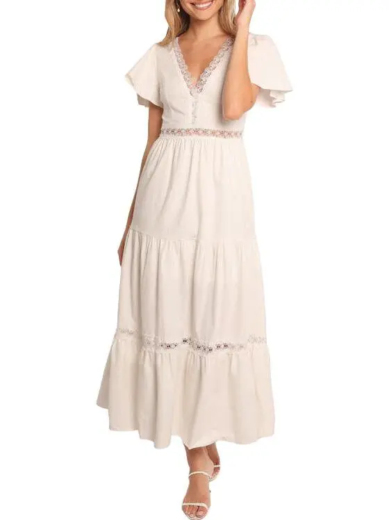 PETAL & PUP Minny Flutter Sleeve Cotton Maxi Dress - Cream