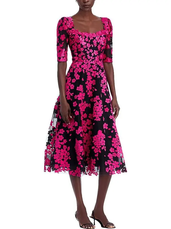 Rickie Freeman For Teri Jon Floral Applique Midi Dress - Black Fuschia
