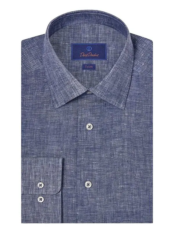 David Donahue Trim Fit Linen Solid Dress Shirt - Denim