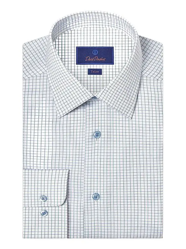 David Donahue Trim Fit Dobby Check Dress Shirt - Green/sky