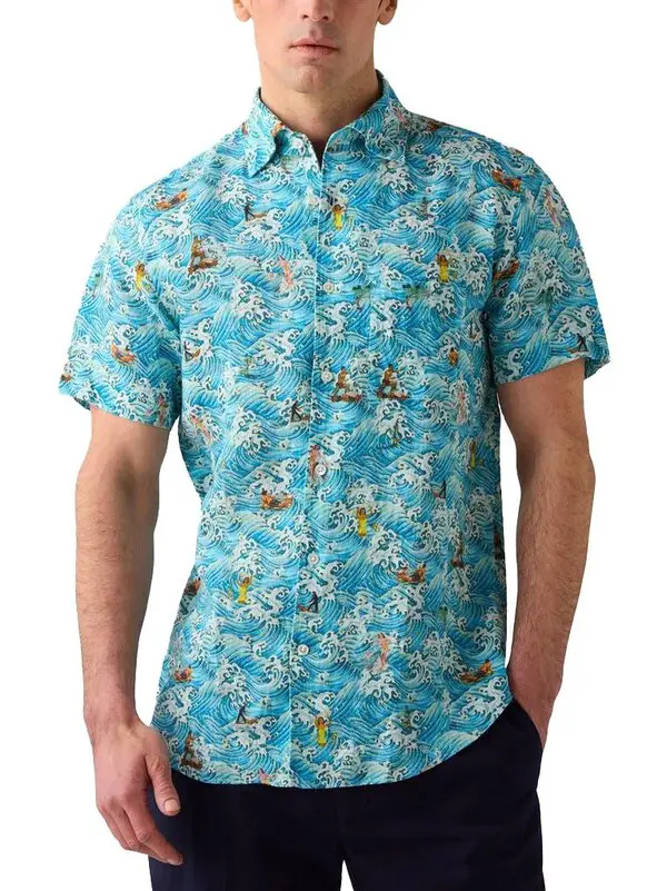 Robert Talbott Morgan Surf Printed Linen Short Sleeve Shirt - Blue Waves