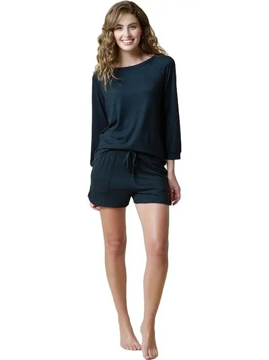 SOFTIES Dream 3/4 Sleeve Boatneck Top With Shorts Set - Black
