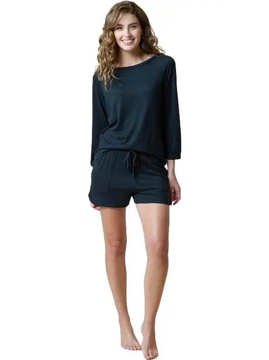 SOFTIES Dream 3/4 Sleeve Boatneck Top With Shorts Set - Black