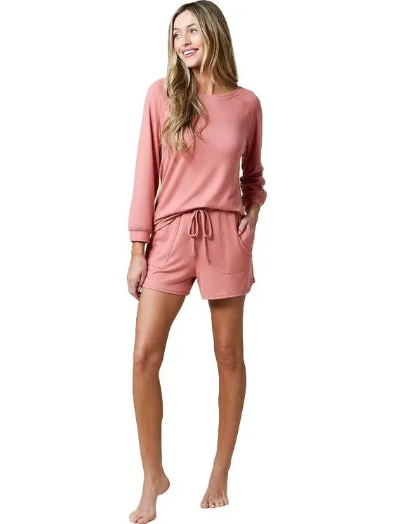 SOFTIES Dream 3/4 Sleeve Boatneck Top With Shorts Set - Copper Rose