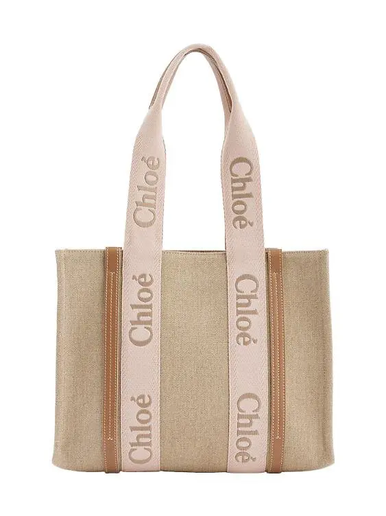 Chloé Woody Medium Linen And Leather Tote Bag - Blushy Beige