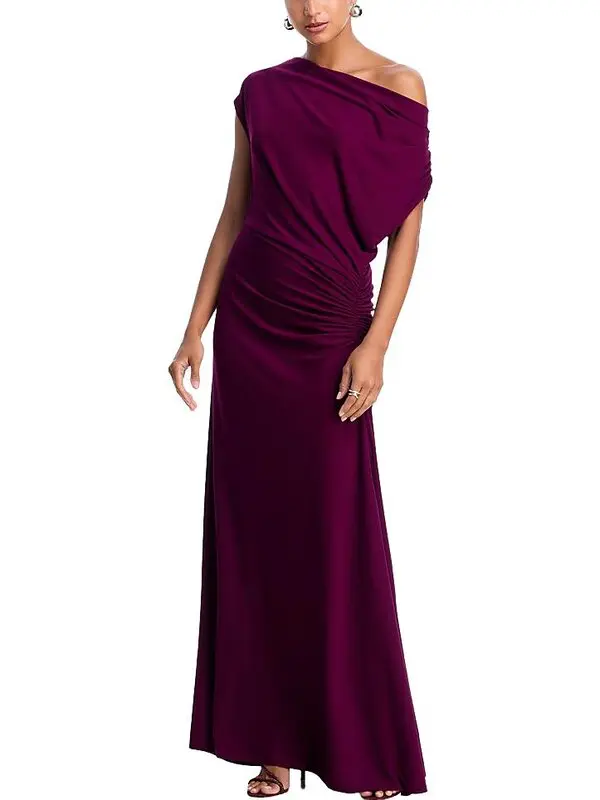 Aqua Off-the-shoulder Ruched Jersey Gown - Burgundy
