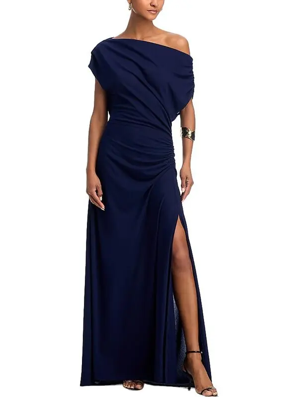 Aqua Off-the-shoulder Ruched Jersey Gown - Navy