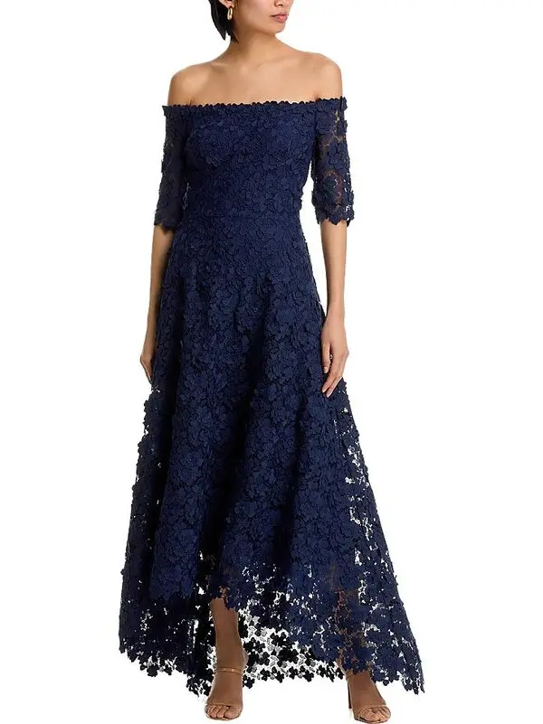 Rickie Freeman For Teri Jon 3d Flower Lace High-low Gown - Navy