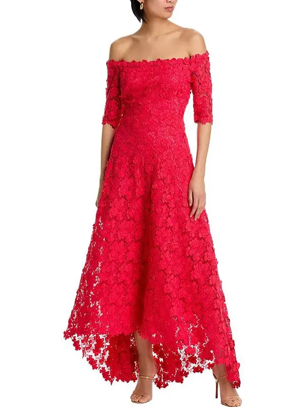 Rickie Freeman For Teri Jon 3d Flower Lace High-low Gown - Tomato