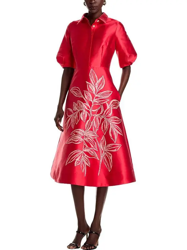 Rickie Freeman For Teri Jon Gazar Border Print Puff-sleeve Dress - Tomato Red