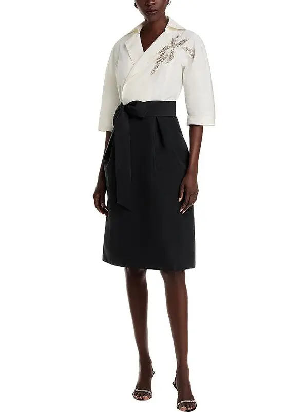 Rickie Freeman For Teri Jon Taffeta Elbow Sleeve Belted A-line Dress - White Black