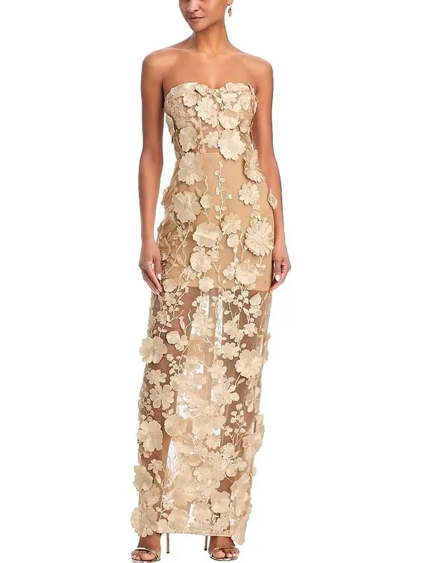 Aqua Long 3d Floral Gown - Gold
