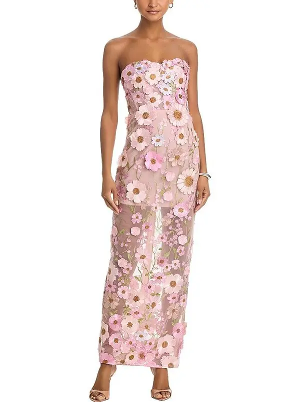 Aqua Long 3d Floral Gown - Pink Multi