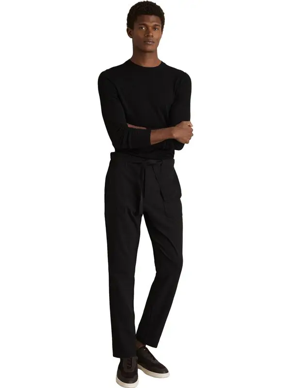 REISS Belted Technical Tapered Trousers - Black