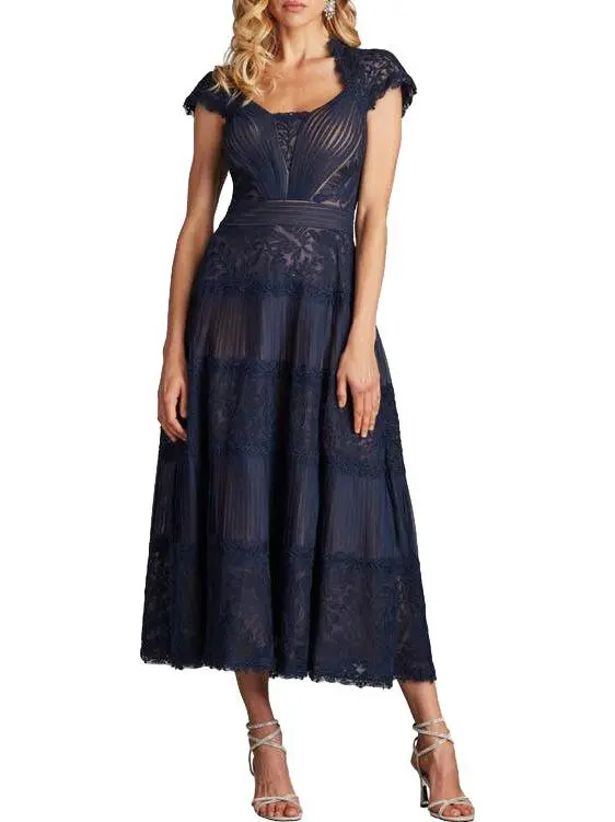 Tadashi Shoji Pintuck Pleat Embroidery Detail Cocktail Midi Dress - Navy/ Nude
