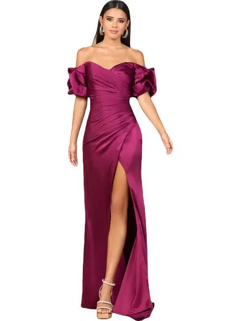 LARA NEW YORK Off-the-shoulder Satin Dress With Slit - Wine