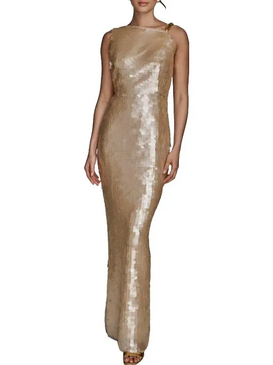 Donna Karan New York Paillette Sequin Column Gown - Sand