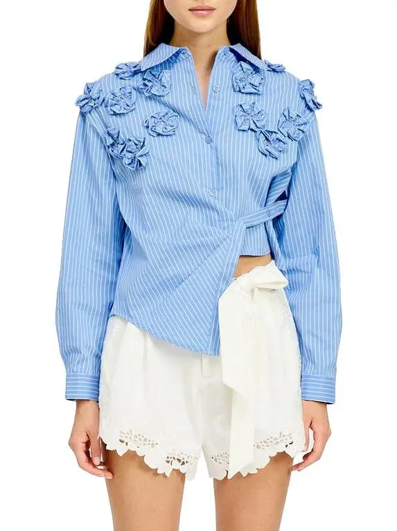 EN SAISON Lilith Stripe 3d Flower Asymmetric Button-up Shirt - Oxford Blue White