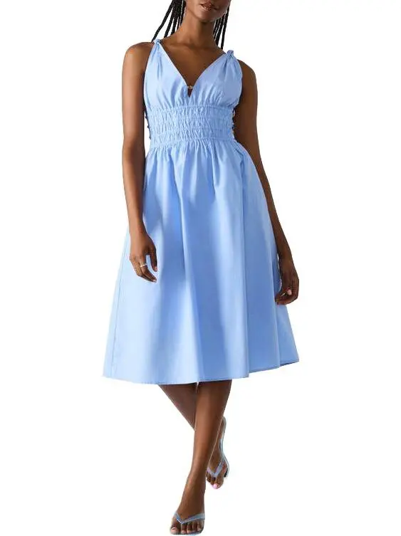 Steve Madden Kassie Bead Detail Smock Waist Cotton Midi Dress - Aurora Blue