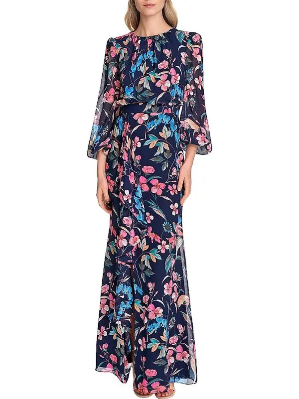 Eliza J Long Sleeve Cascading Ruffle Gown - Navy Multi