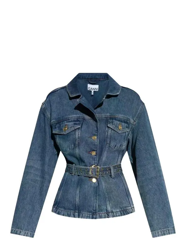 GANNI Belted Denim Jacket - Blue