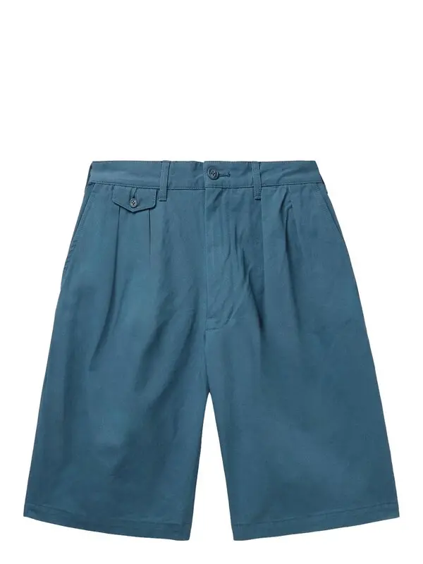 BEAMS Wide-leg Pleated Cotton-twill Shorts - Blue