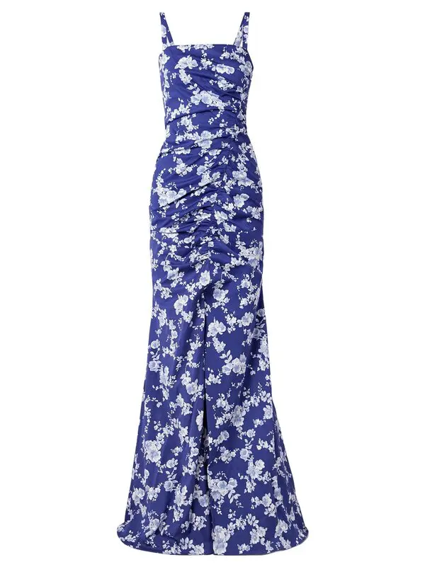 Carolina Herrera Ruched Floral-print Faille Gown - Blue
