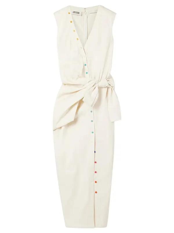 Christopher John Rogers Tie-front Button-embellished Cotton-twill Midi Shirt Dress - Off White