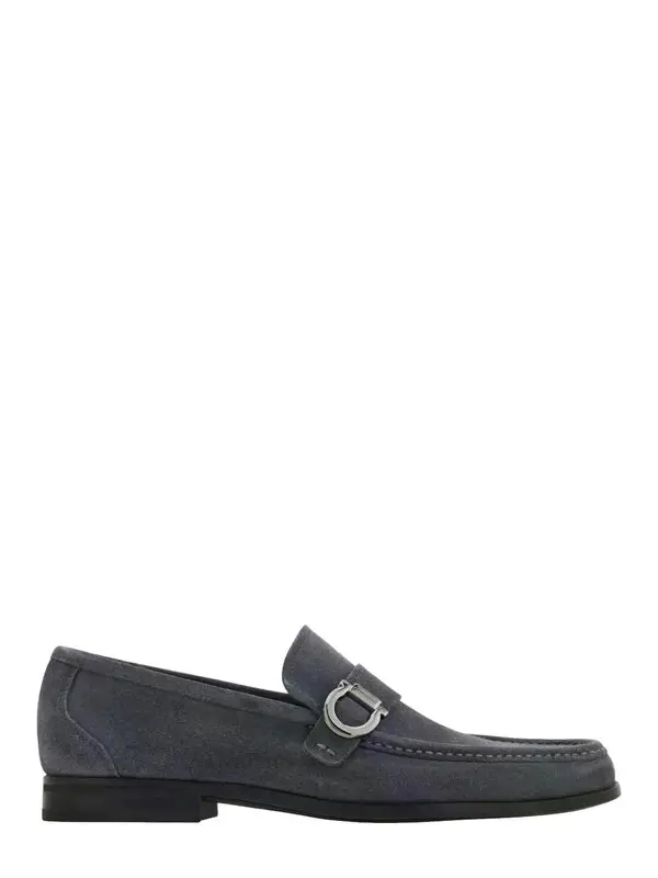FERRAGAMO Suede Loafers With Gancini Plaque - Grey