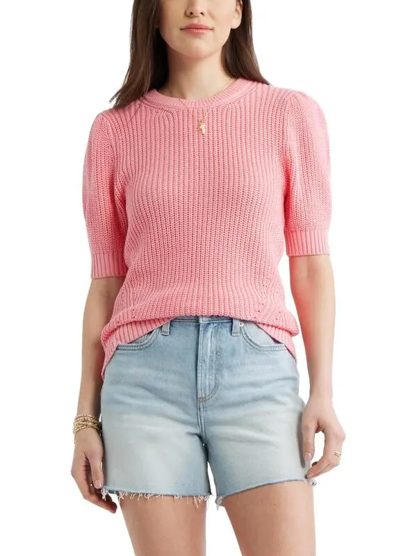 Caslon Elbow Sleeve Cotton Sweater - Pink Dianthus